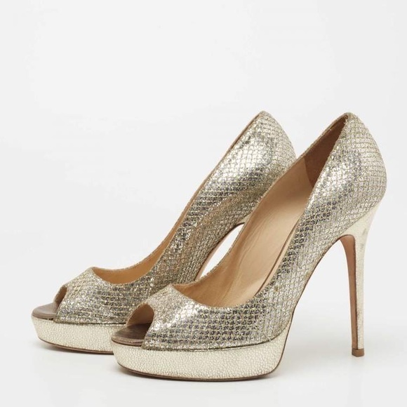 Jimmy Choo | Shoes | Jimmy Choo Gold Dahlia Gold Matallic Lame Peep Toe ...